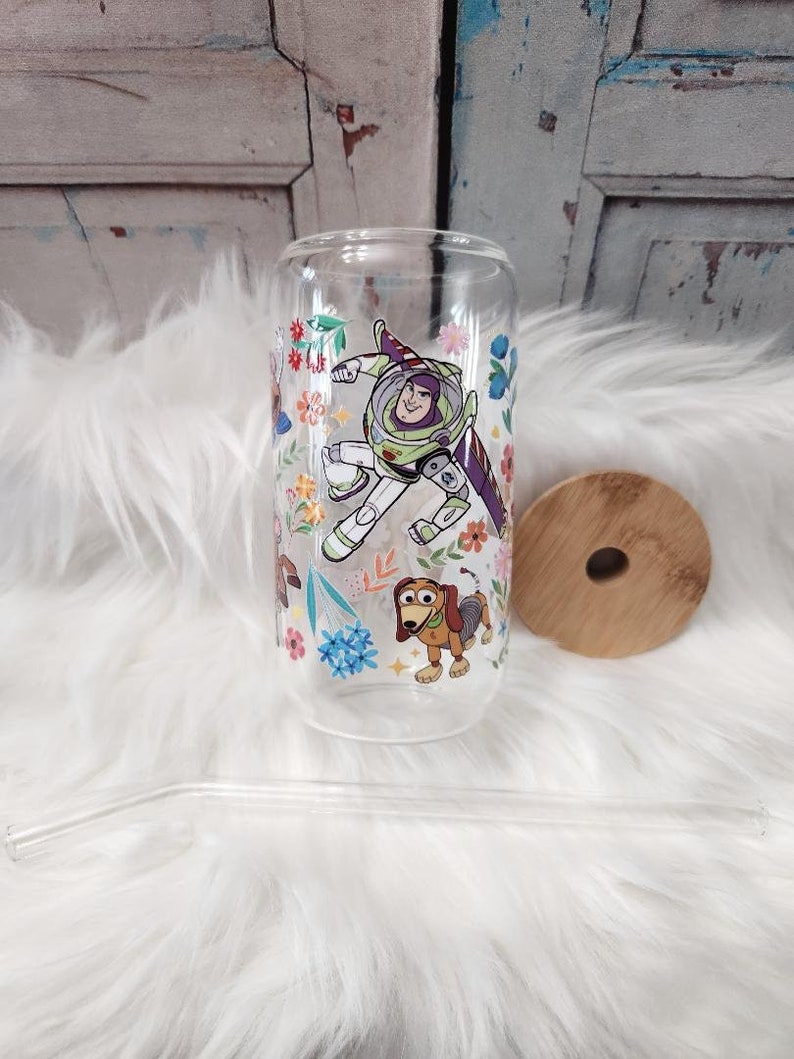 Woody and Friends Toy Story Print Glass Can | 16oz Glass Can With Lid ...