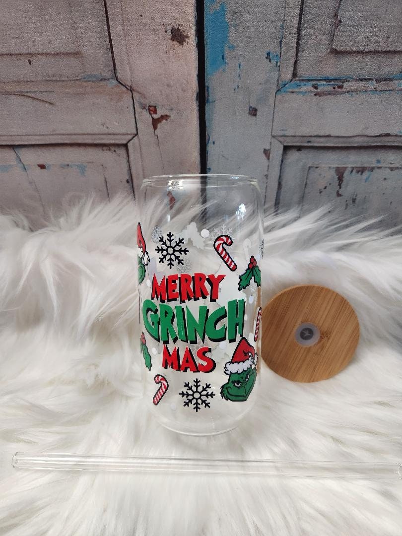 Merry Grinch Mas Glass Can 16oz Glass Cans With Lid and - Etsy