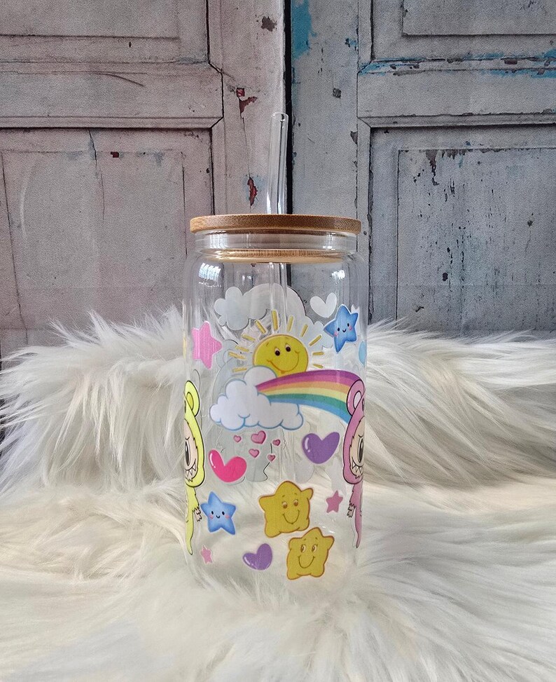 Labubu as Care Bears Glass Cup | 16oz Beer Can Glass With Lid and Glass ...