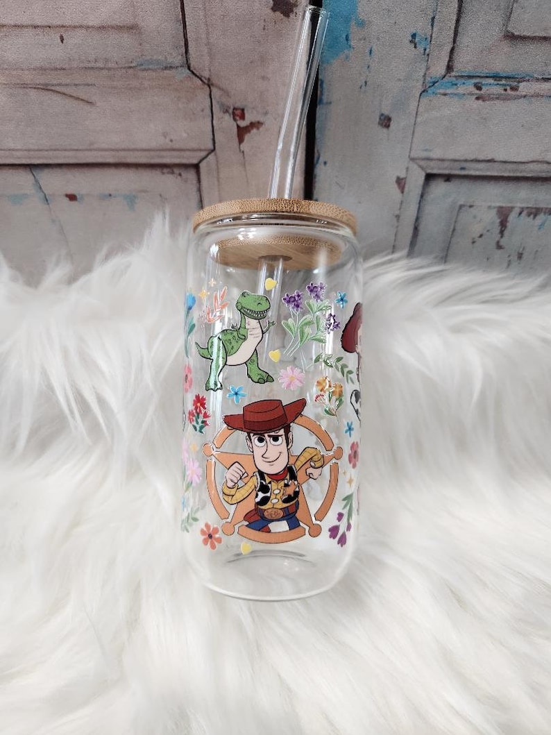 Woody and Friends Toy Story Print Glass Can | 16oz Glass Can With Lid ...