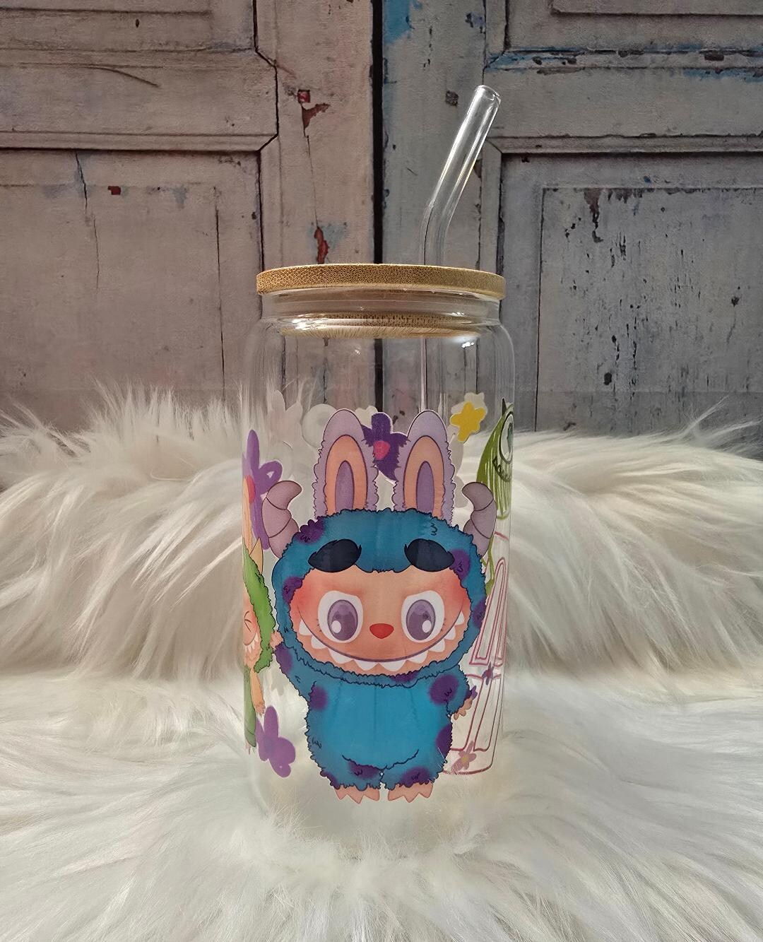 Labubu as Sulley, Mike, and Friends Glass Cup | 16oz Beer Can Glass ...