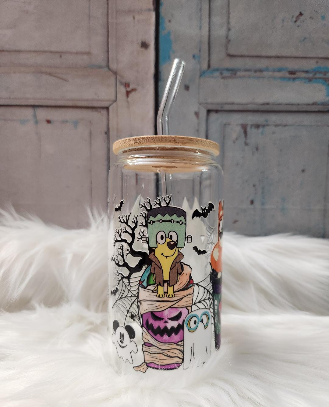 Bluey and Friends Halloween Glass Cup | 16oz Beer Can Glass With Lid ...