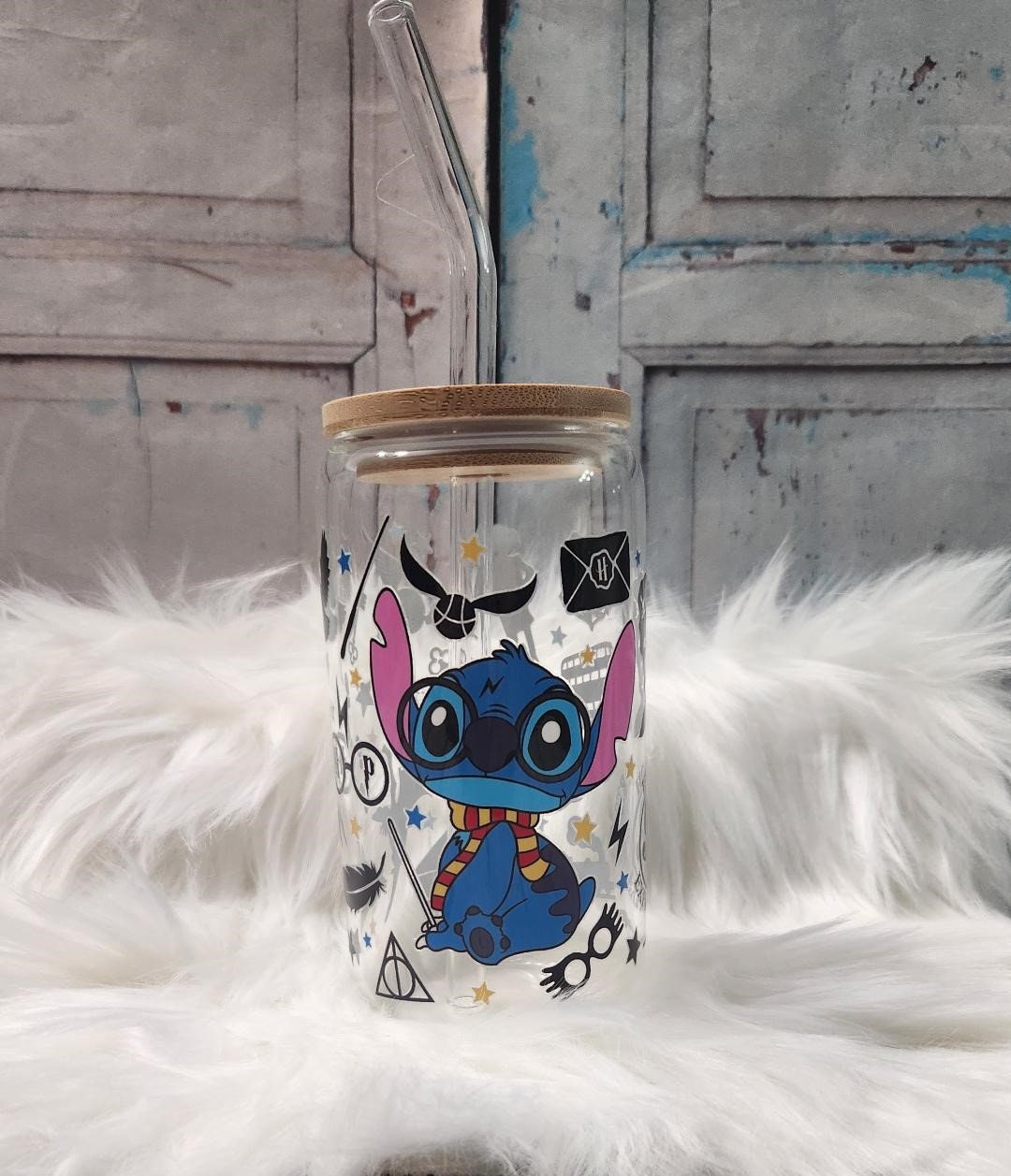 Stitch Print Glass Cup 16oz Beer Can Glass With Lid and - Etsy