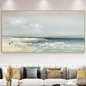 Sandy Beach Ocean Oil Painting on Canvas Blue Sky White Clouds Abstract ...