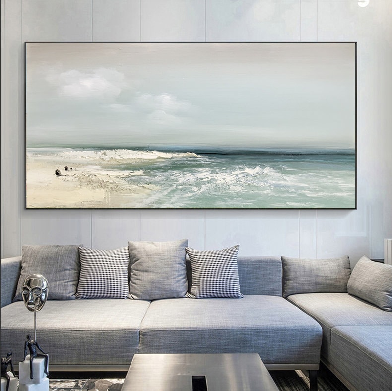 Sandy Beach Ocean Oil Painting on Canvas Blue Sky White Clouds | Etsy