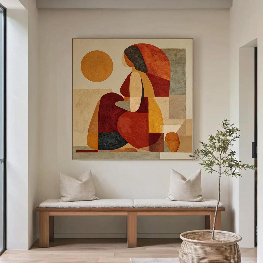 Abstract Woman Oil Painting, Geometric Figure, Earth Tone Wall Art ...