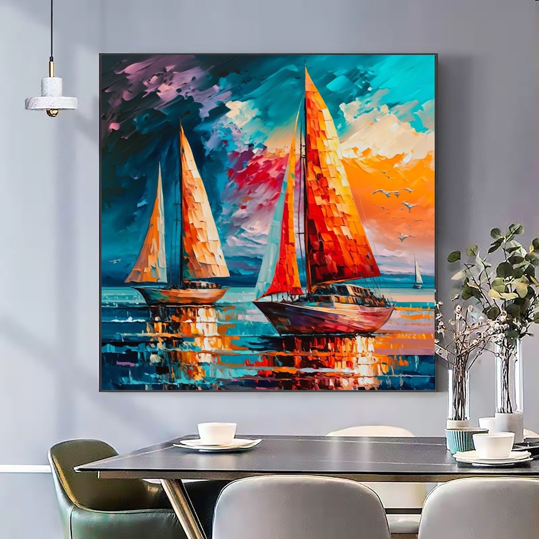 Original Colorful Sailboat Oil Painting on Canvas, Abstract Seascape ...