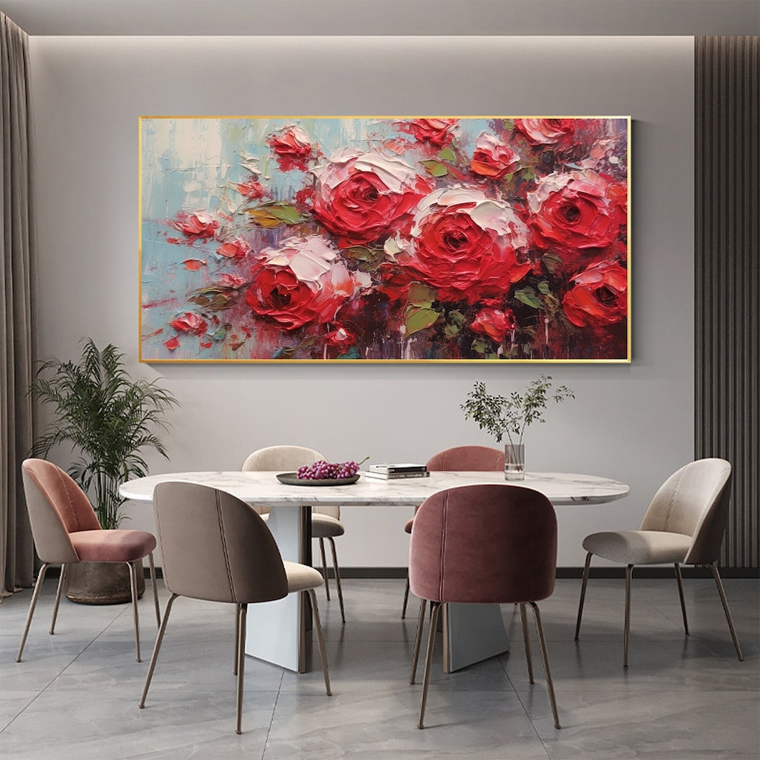 Original Roses Oil Painting on Canvas, Abstract Red Flowers Painting ...