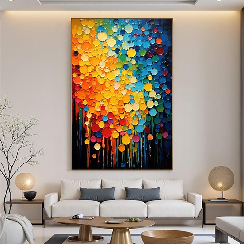 Hand-painted Abstract Oil Painting, Multicolor Circles With Dripping ...