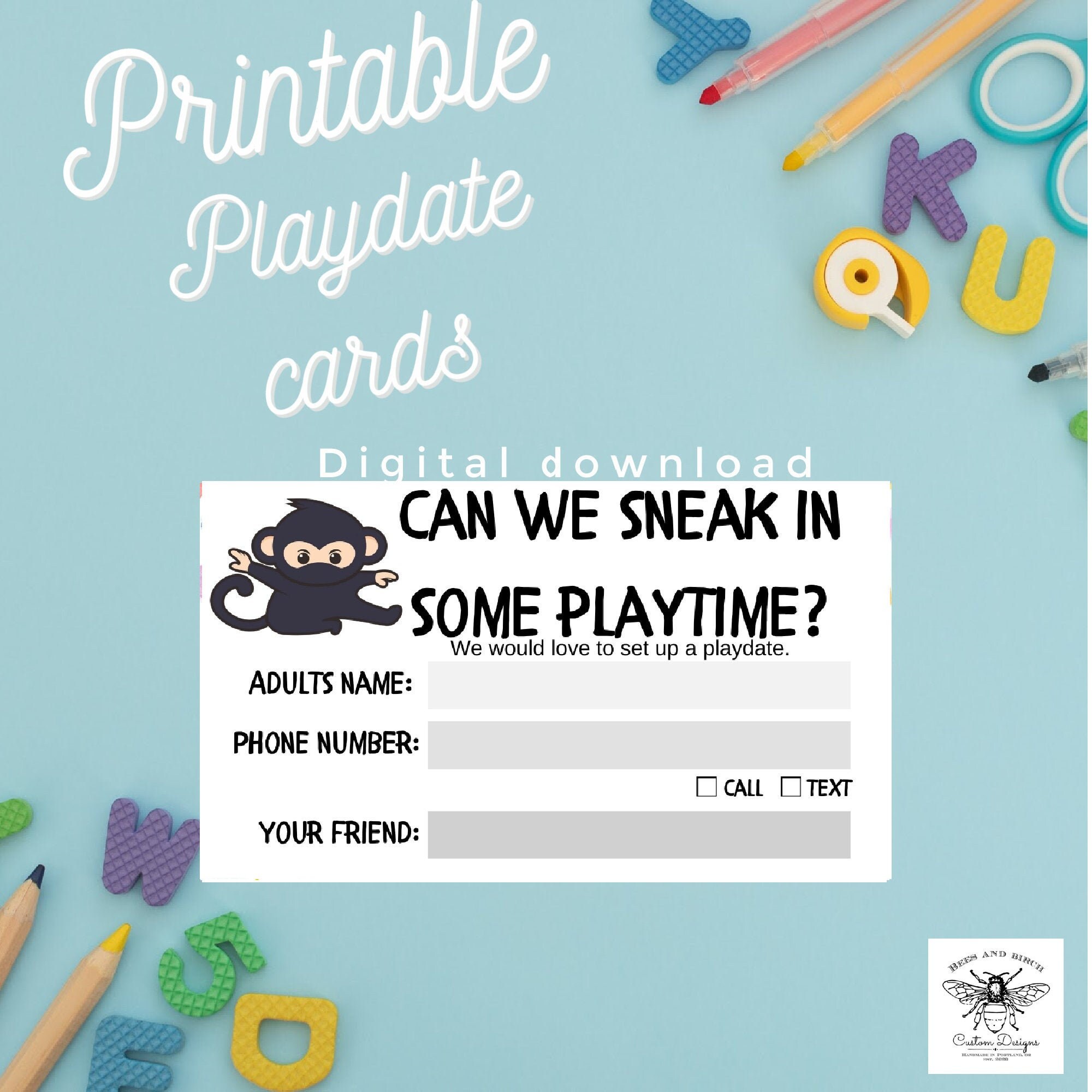 Monkey ninja printable play date cards calling cards kids | Etsy