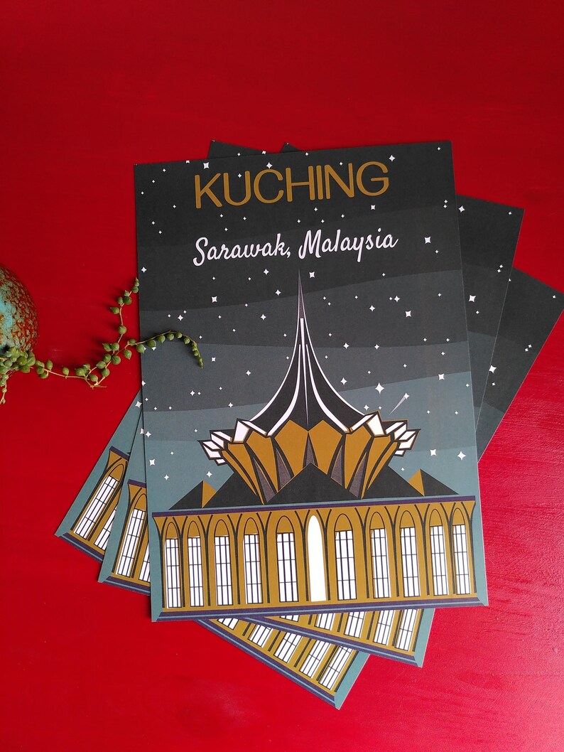 Borneo Kuching Malaysia Illustrated Print Cityscape Poster Sarawak ...