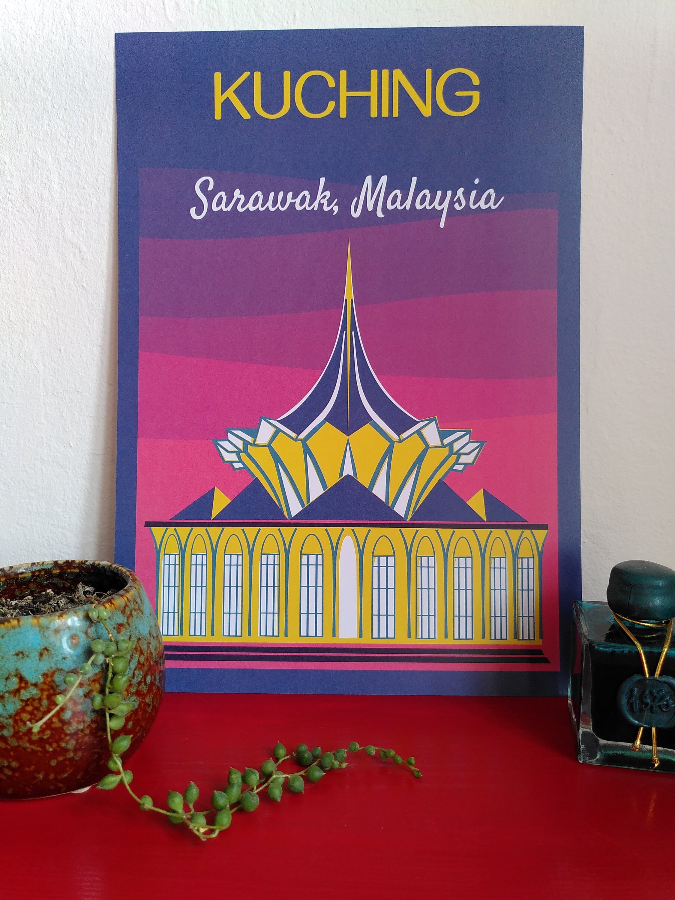 Borneo Kuching Malaysia Illustrated Print Cityscape Poster Sarawak ...