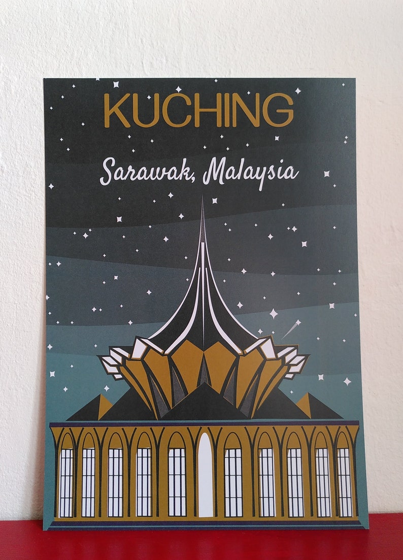 Borneo Kuching Malaysia Illustrated Print Cityscape Poster Sarawak ...