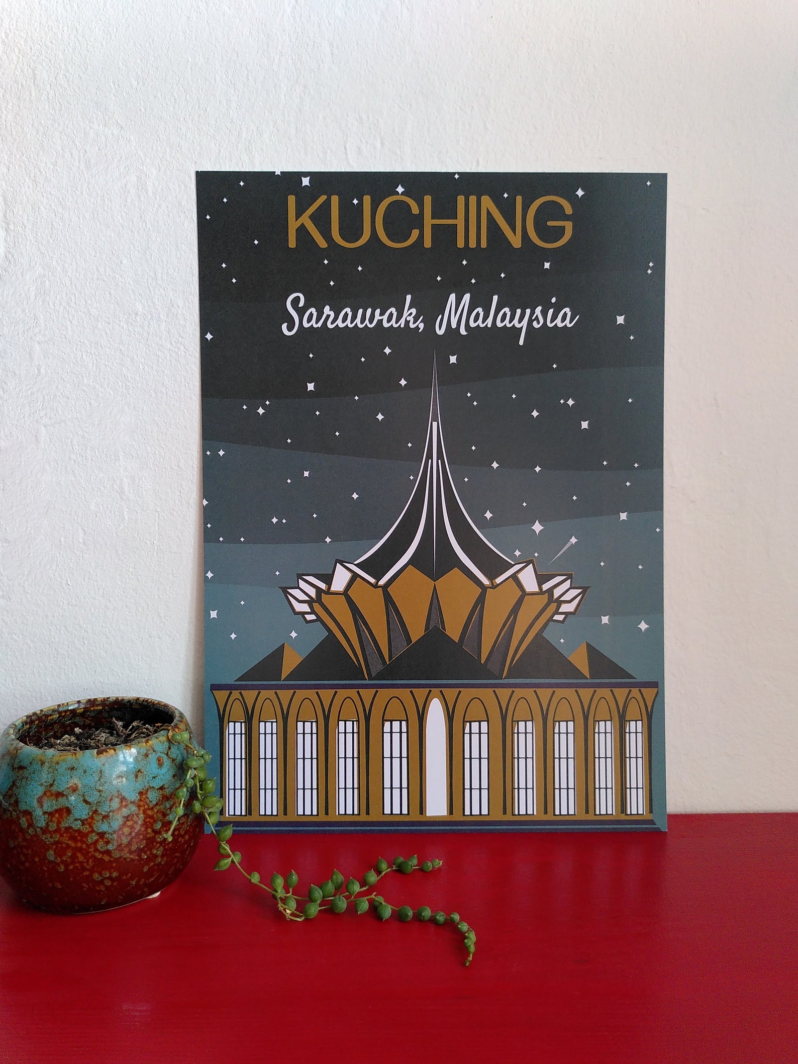 Borneo Kuching Malaysia Illustrated Print Cityscape Poster Sarawak ...