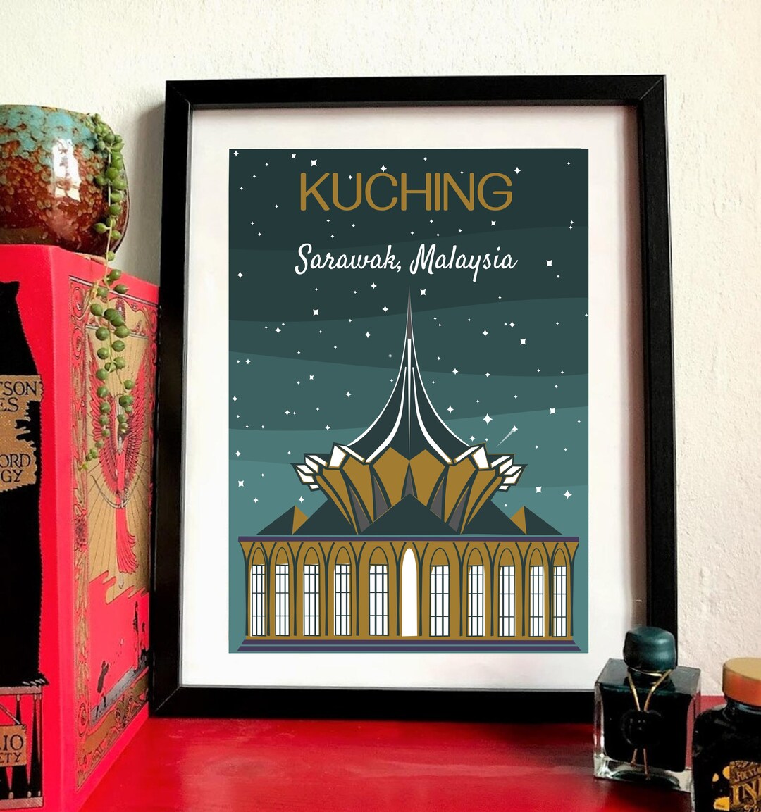 Borneo Kuching Malaysia Illustrated Print Cityscape Poster Sarawak ...