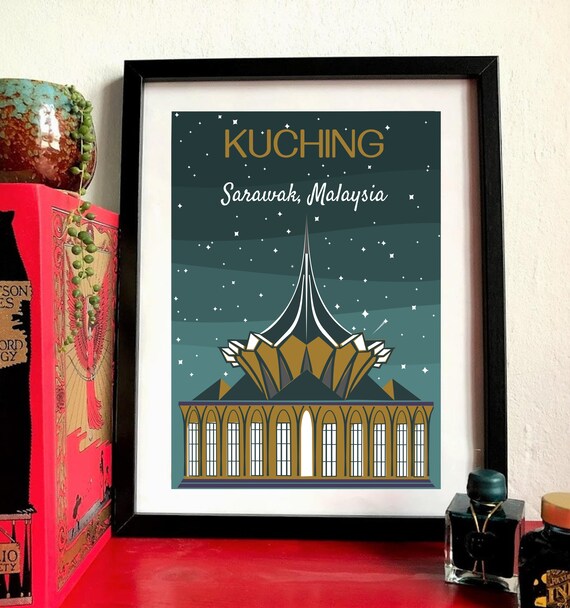 Borneo Kuching Malaysia Illustrated Print Cityscape Poster | Etsy