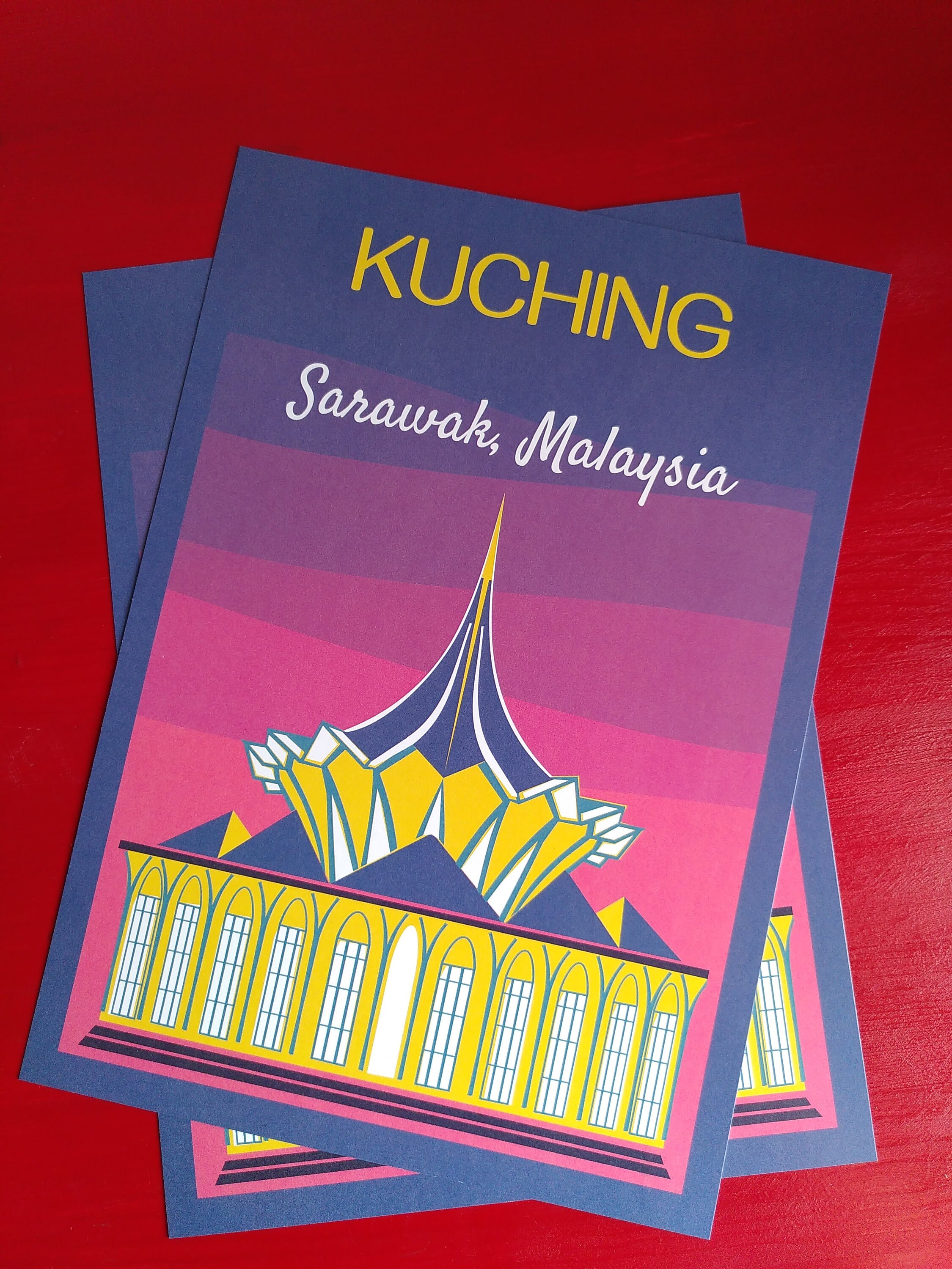 Borneo Kuching Malaysia Illustrated Print Cityscape Poster Sarawak ...