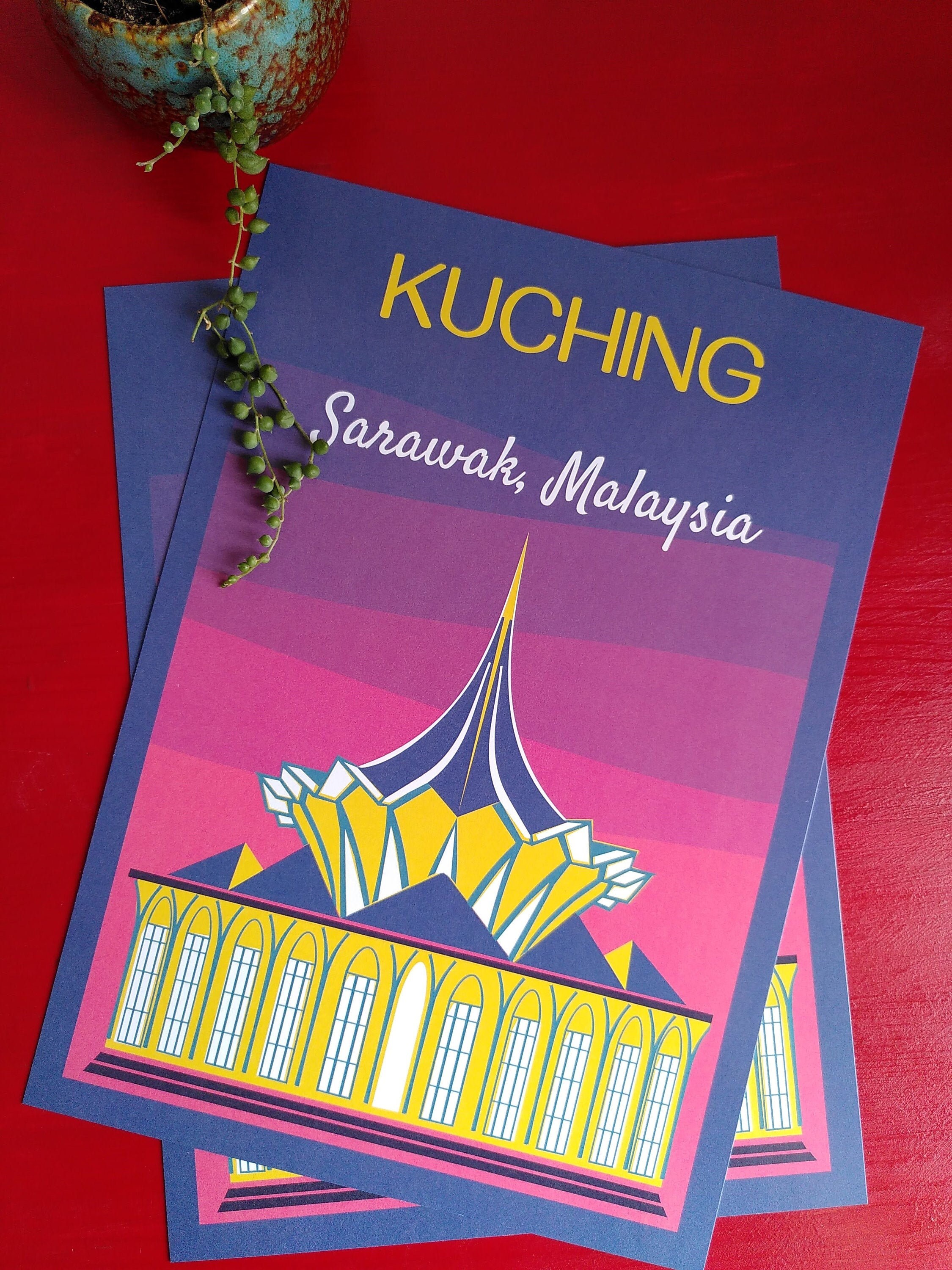 Borneo Kuching Malaysia Illustrated Print Cityscape Poster Sarawak ...