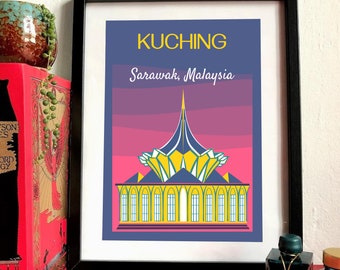 Borneo Kuching Malaysia Illustrated Print Cityscape Poster | Etsy