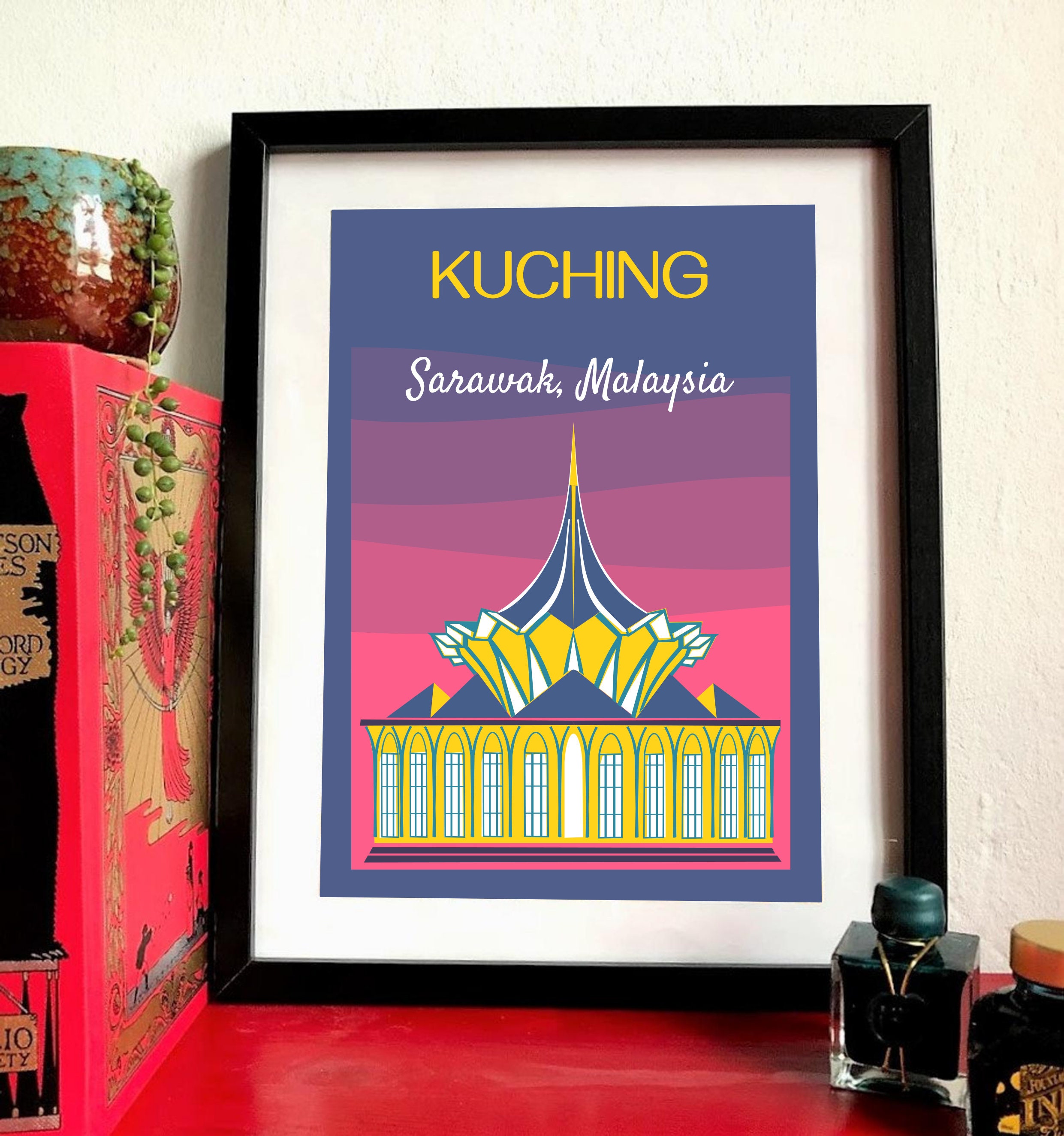 Borneo Kuching Malaysia Illustrated Print Cityscape Poster Sarawak ...