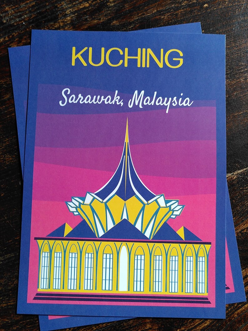 Borneo Kuching Malaysia Illustrated Print Cityscape Poster Sarawak ...