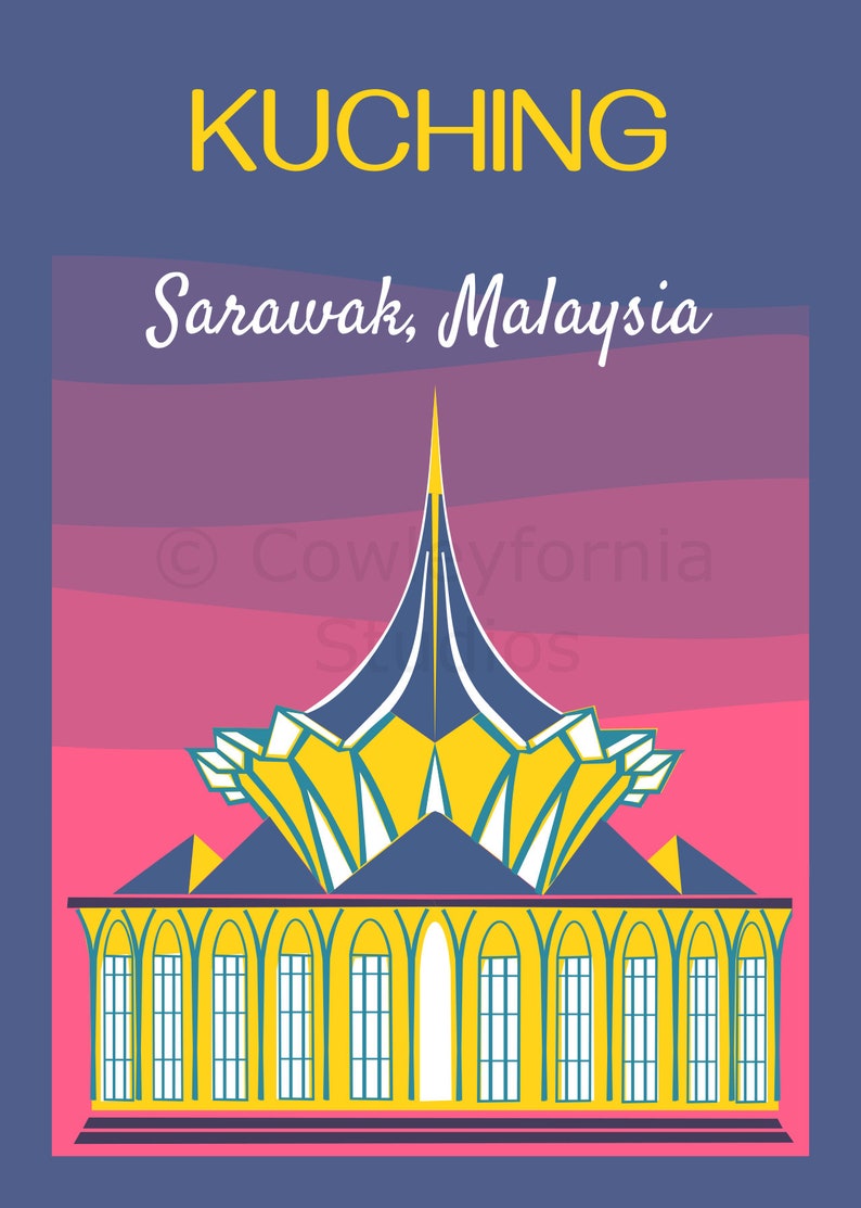Borneo Kuching Malaysia Illustrated Print Cityscape Poster Sarawak ...
