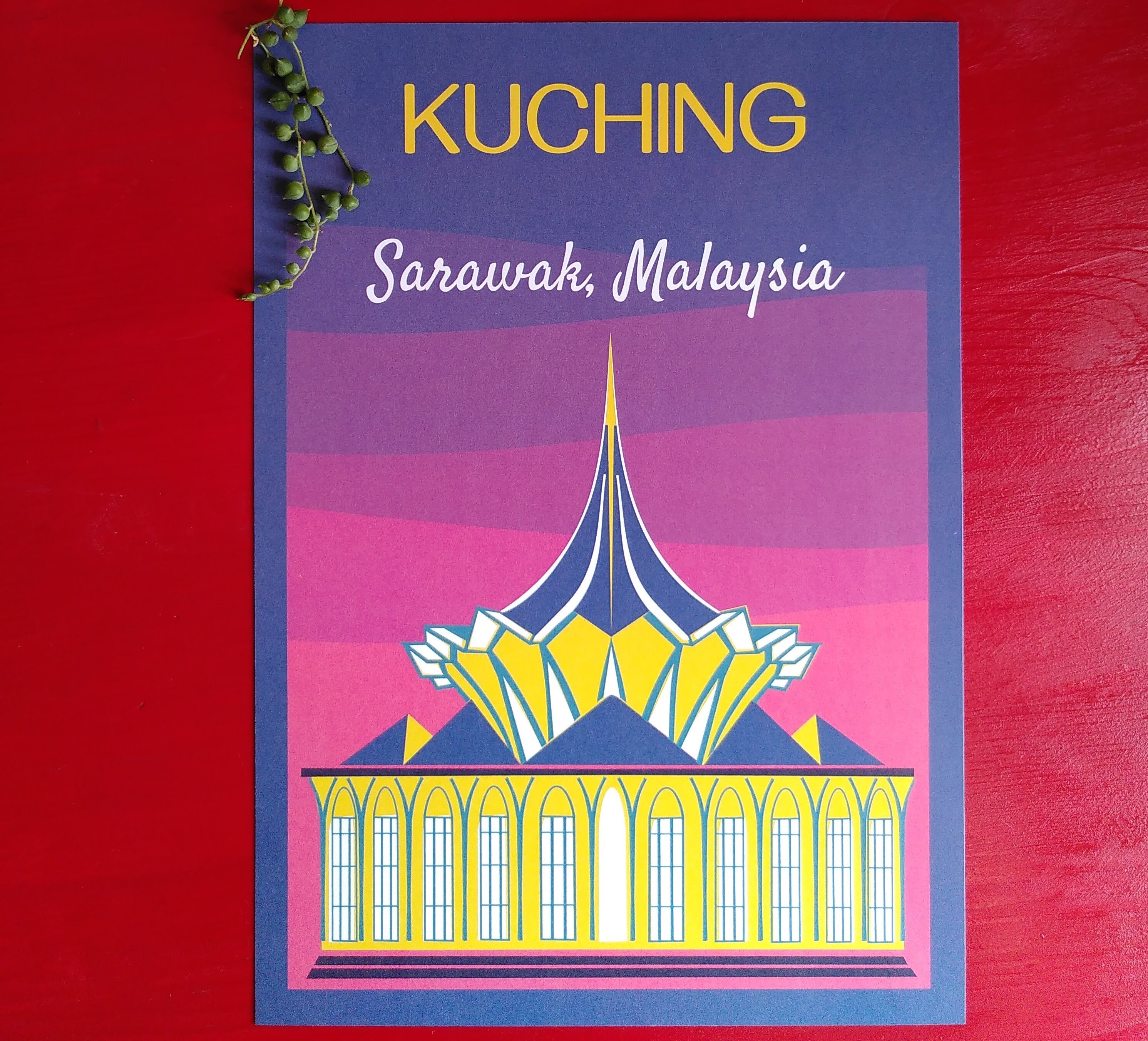 Borneo Kuching Malaysia Illustrated Print Cityscape Poster Sarawak ...