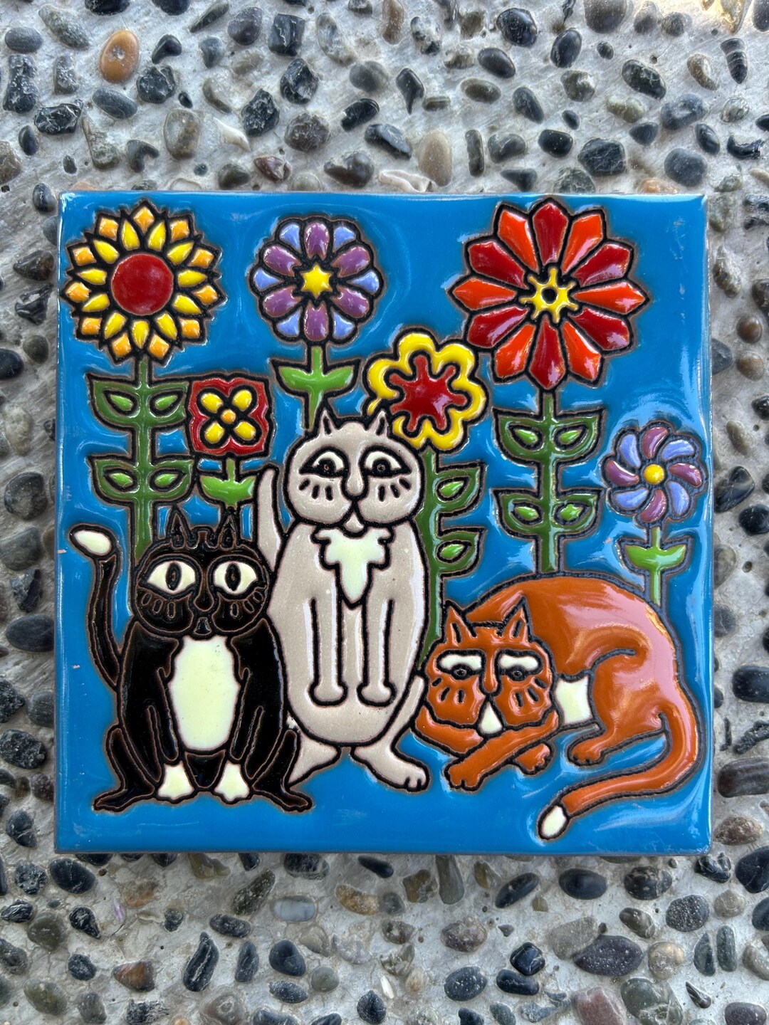 Talavera Cat Tile Coaster Colorful Ceramic Cat Decor Mexican Folk Art ...