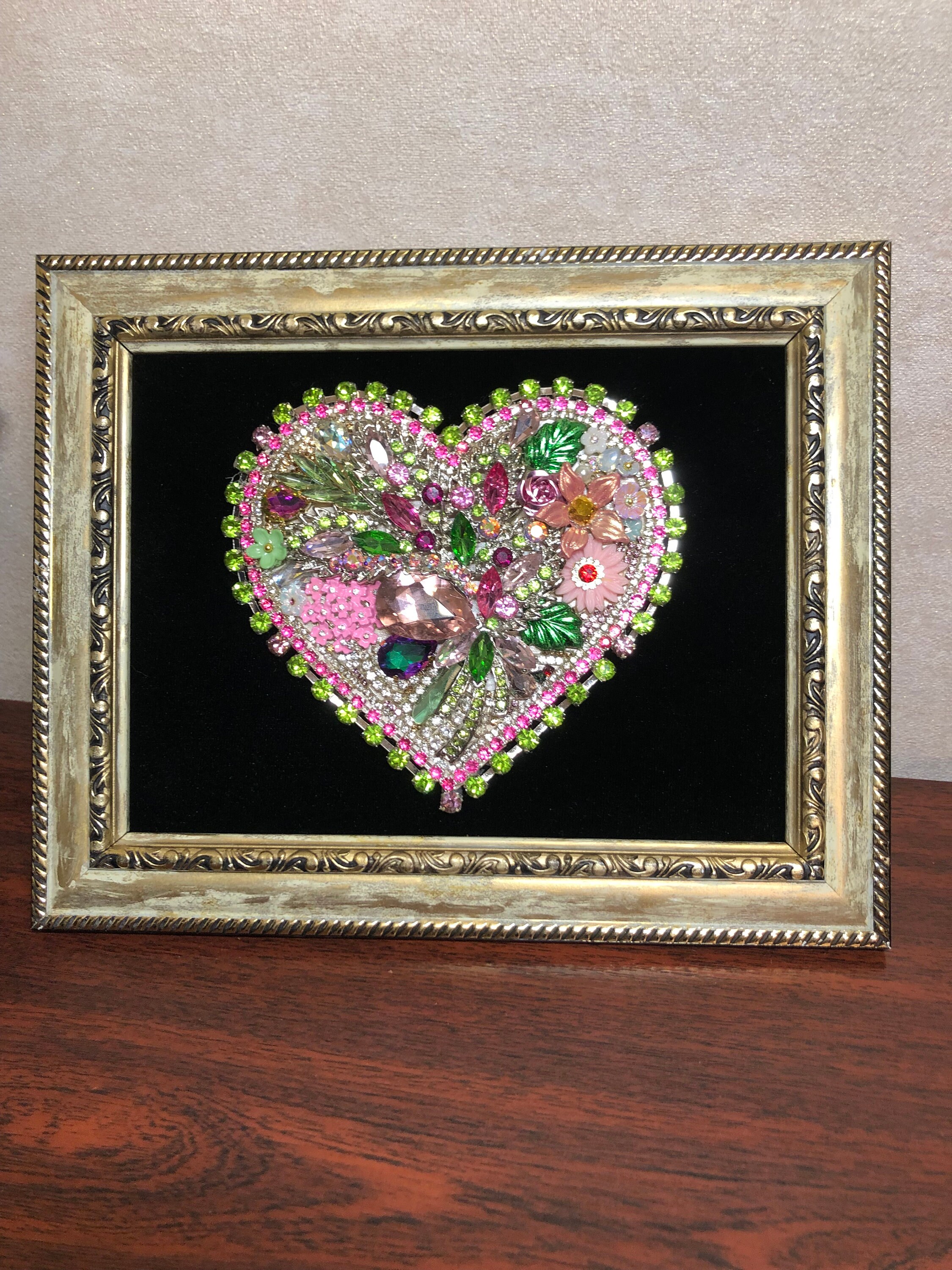Jeweled Framed Jewelry Art Heart Handmade With Vintage Rhinestone ...