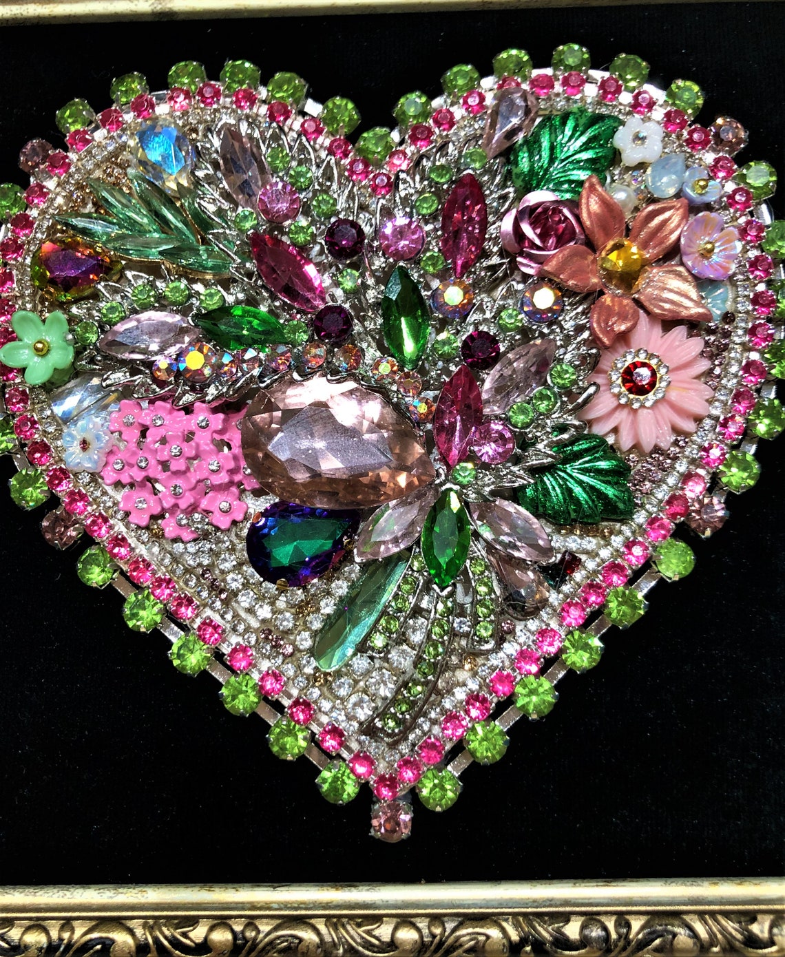 Jeweled Framed Jewelry Art Heart Handmade With Vintage Rhinestone ...