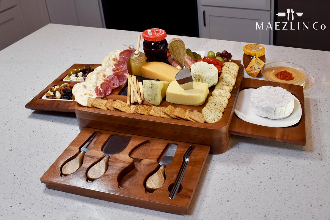 Acacia Wood Charcuterie Board Set: Marble Slab, Ceramic Dishes & Cheese ...