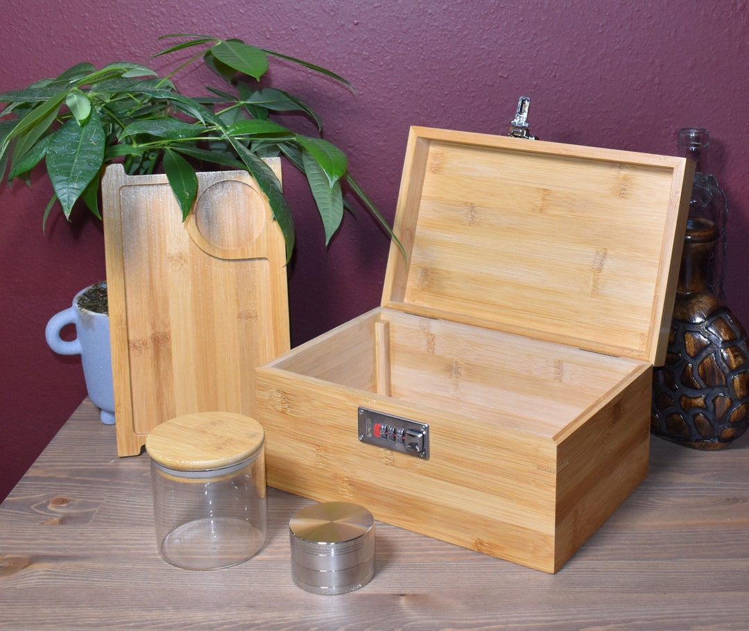 Premium Bamboo Stash Box Set With Grinder, Smell Proof Jar, and Rolling ...