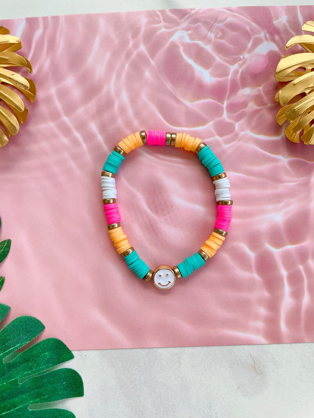 White and Gold Smiley Face Heishi Bead Bracelet - Etsy