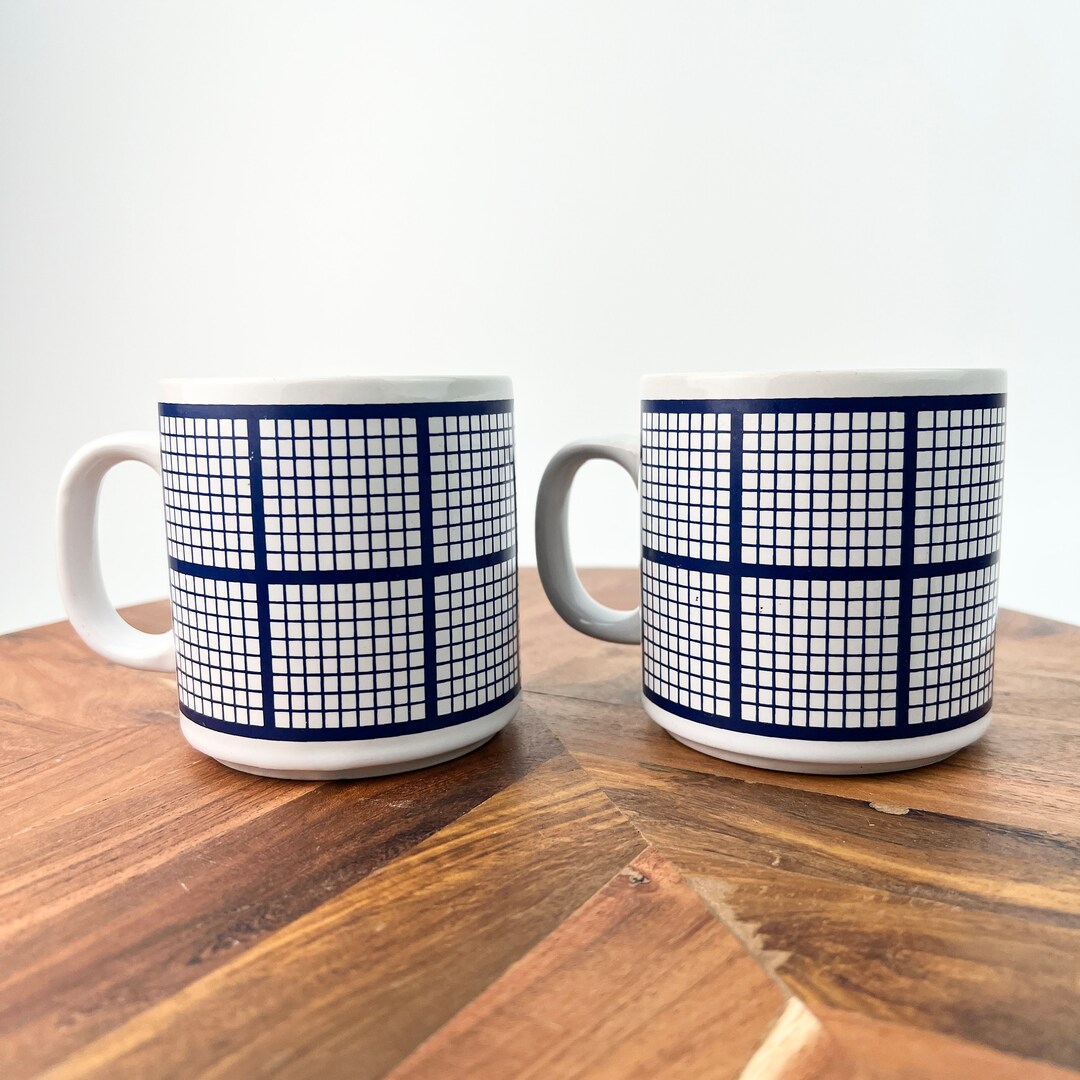 Mod Geometric Mugs Grid Graph Graphic Blue White Diana Home Fashions ...