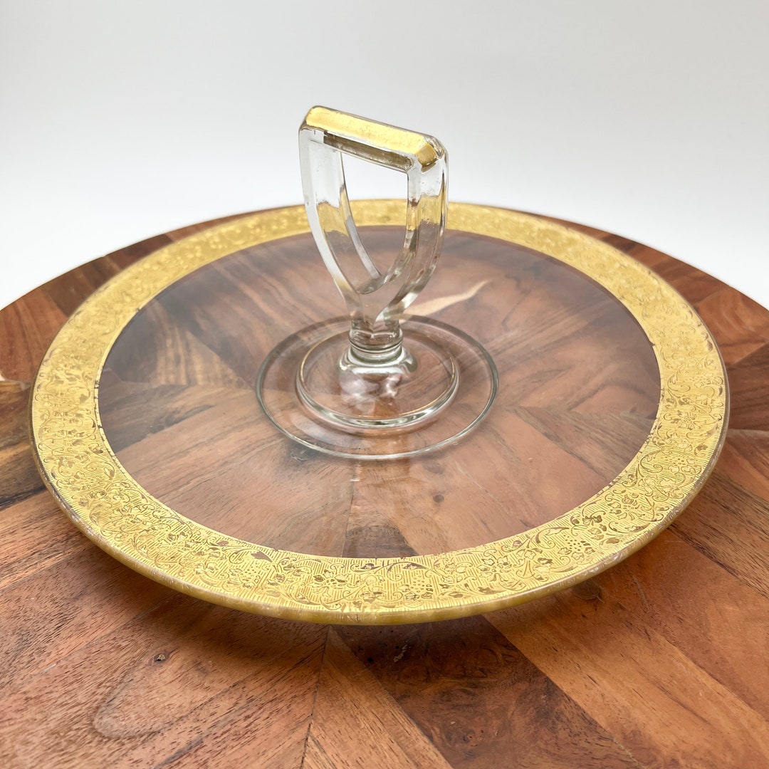 Glass Serving Tray With Center Handle Clear With Gold Band - Etsy