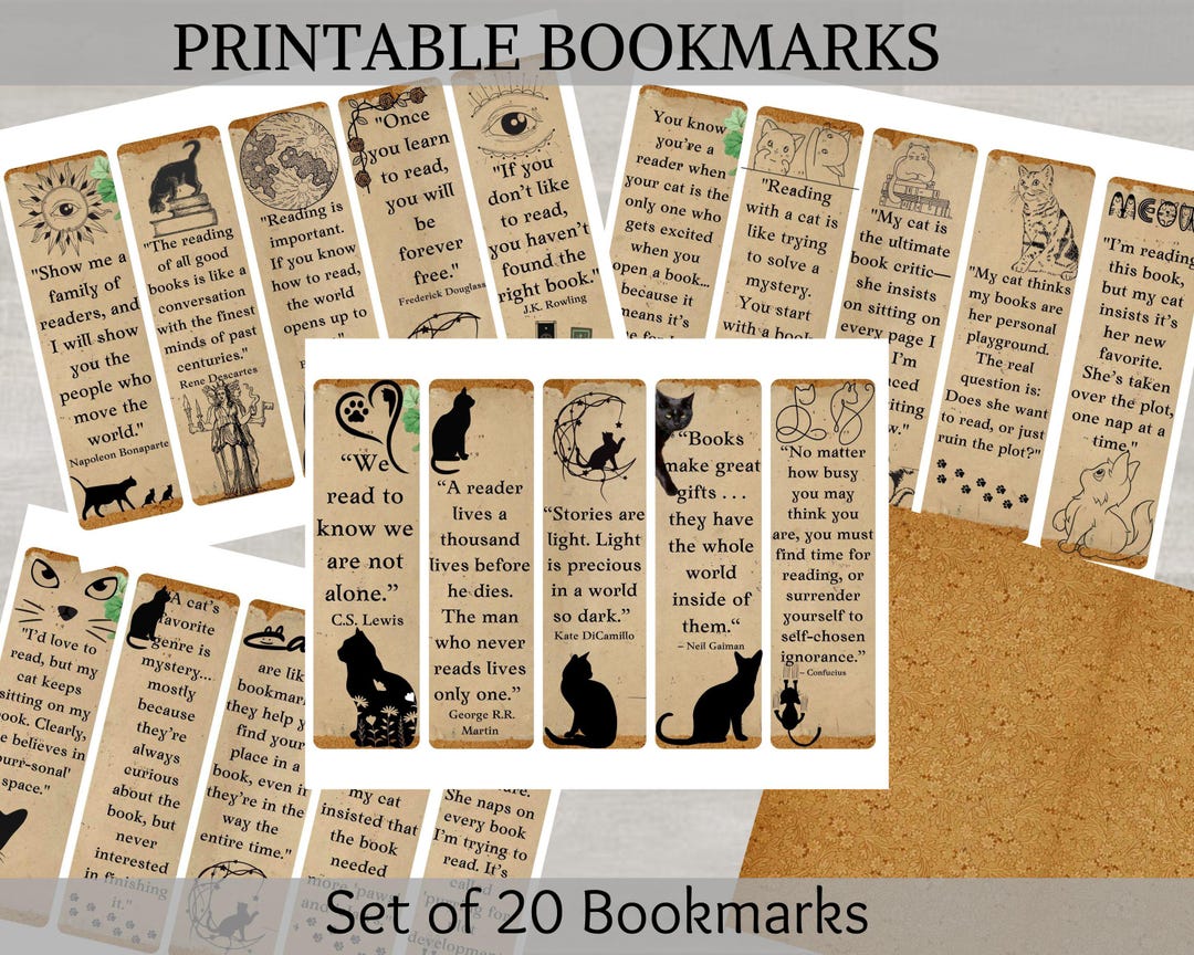 PRINTABLE Cat-themed Bookmarks With Quotes, Set of 20 Designs for Cat ...