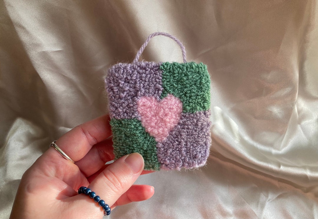 Light Green Checked Wall Hanging // Light Pink Heart Decoration, Pastel ...