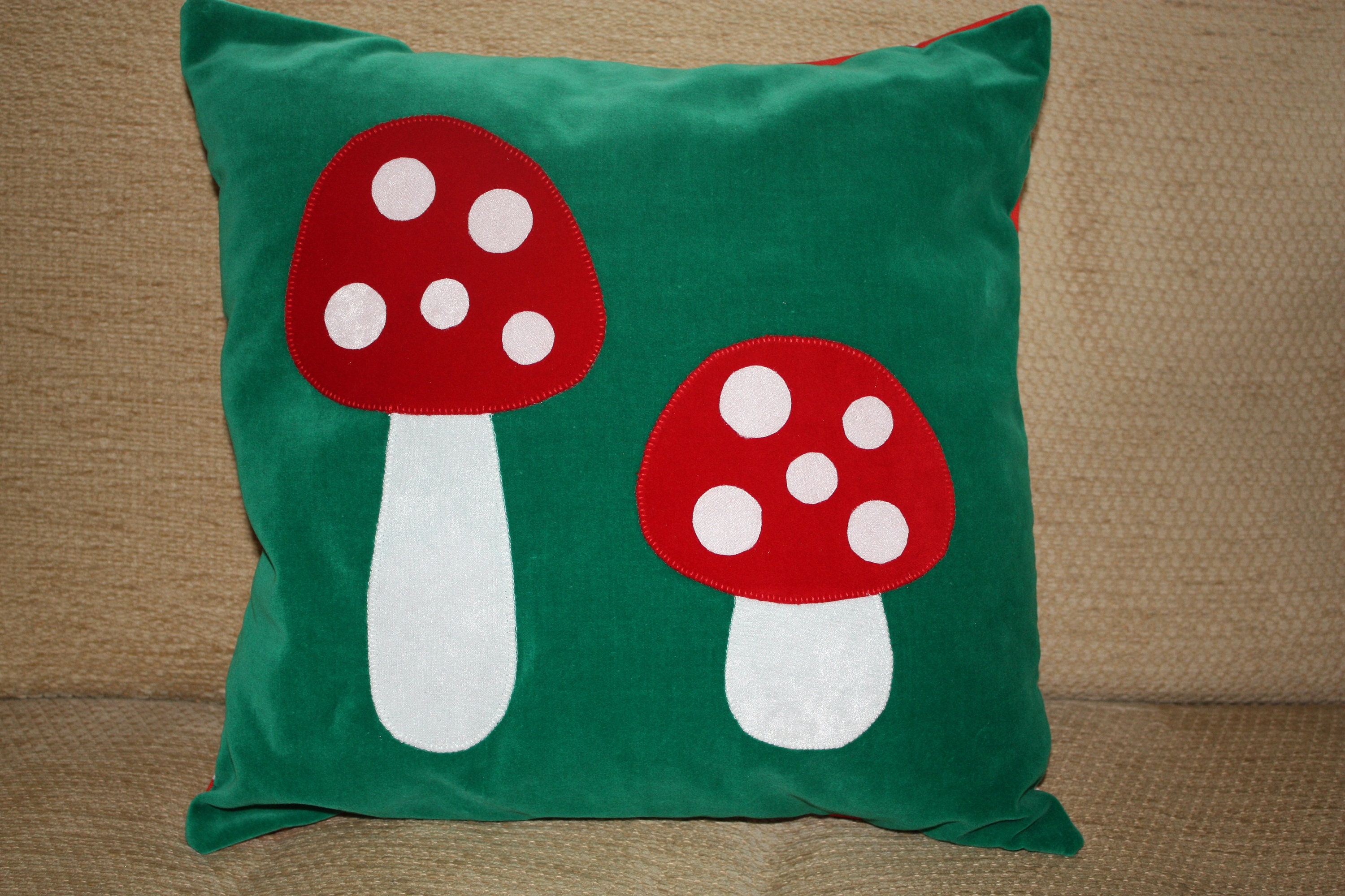 Handmade Toadstool Cushion Applique Green Red and White Velvet | Etsy
