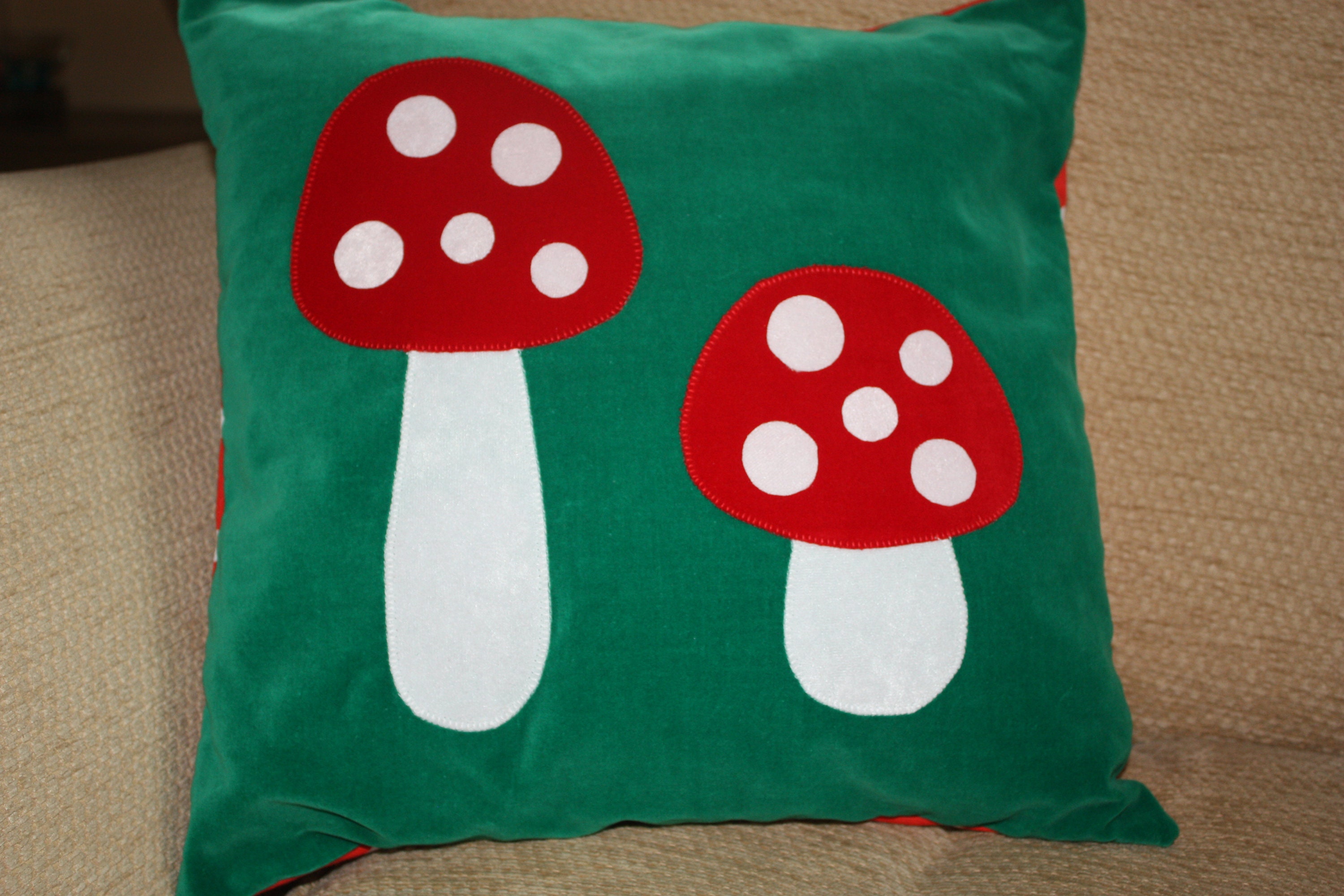 Handmade Toadstool Cushion Applique Green Red and White Velvet | Etsy