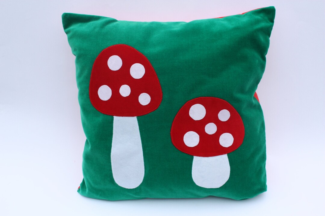 Handmade Toadstool Cushion Applique Green Red and White Velvet 15 ...
