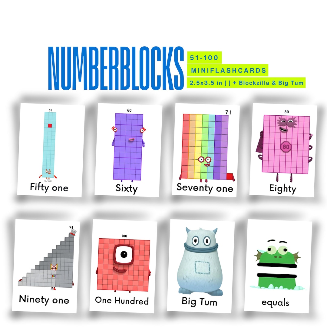 Numberblocks 51-100 Flashcards: Preschool Math (blockzilla + Big Tum ...