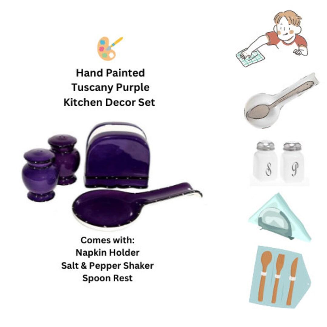 Purple Ceramic Salt and Pepper Shaker Set, Napkin Holder, Spoon Rest - Etsy