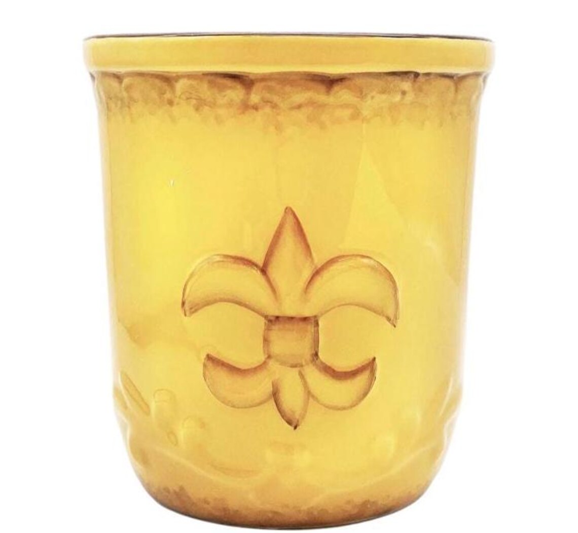 Hand Painted Yellow Fleur De Lis Ceramic Utensil Pot Farmhouse Kitchen ...