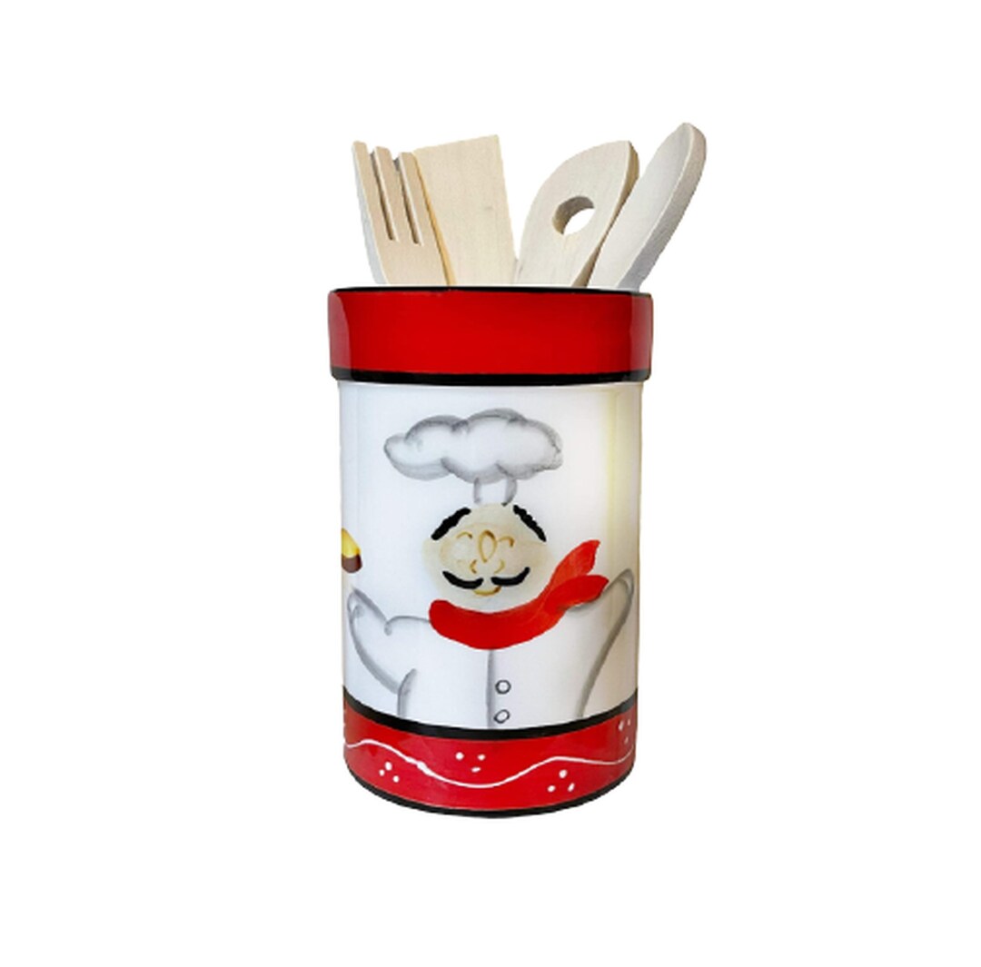 Chef Utensil Holder Set – Hand-painted Ceramic Crock With Wooden ...