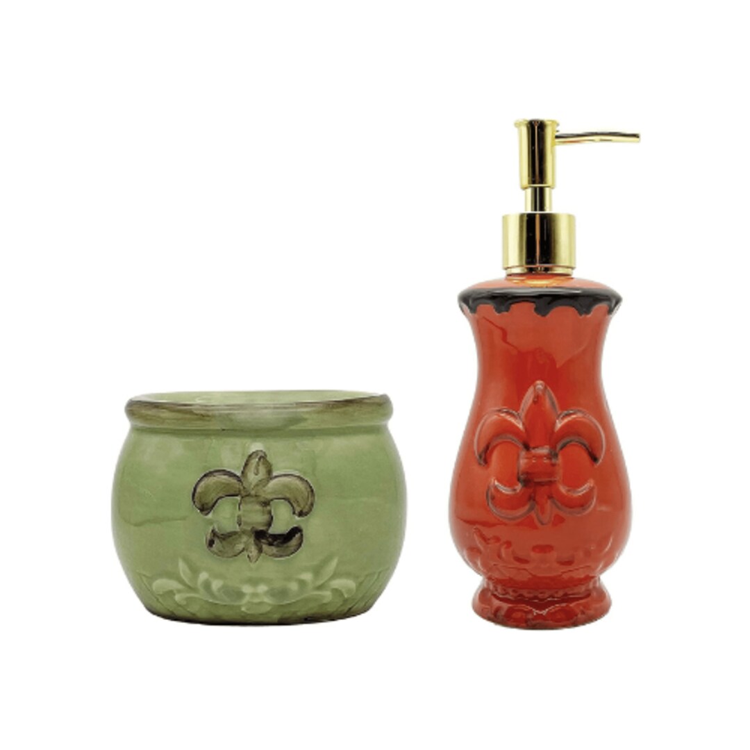 Fleur-de-lis Soap Dispenser & Sponge Holder – Hand-painted Ceramic Sink ...