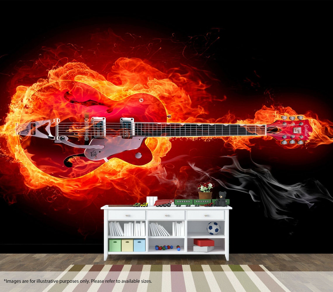 Cool Guitar on Fire Wall Mural Wall Art Quality Pastable - Etsy