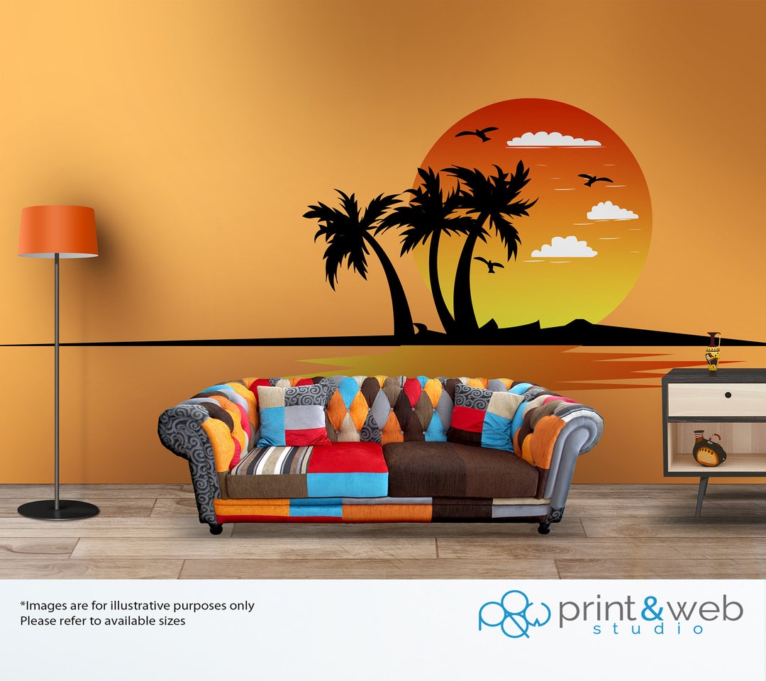 Palm Tree Sunset Wall Mural Quality Pasteable Wallpaper - Etsy