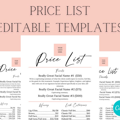 Editable Esthetician Price List Menu Template I Day Spa Price Etsy 