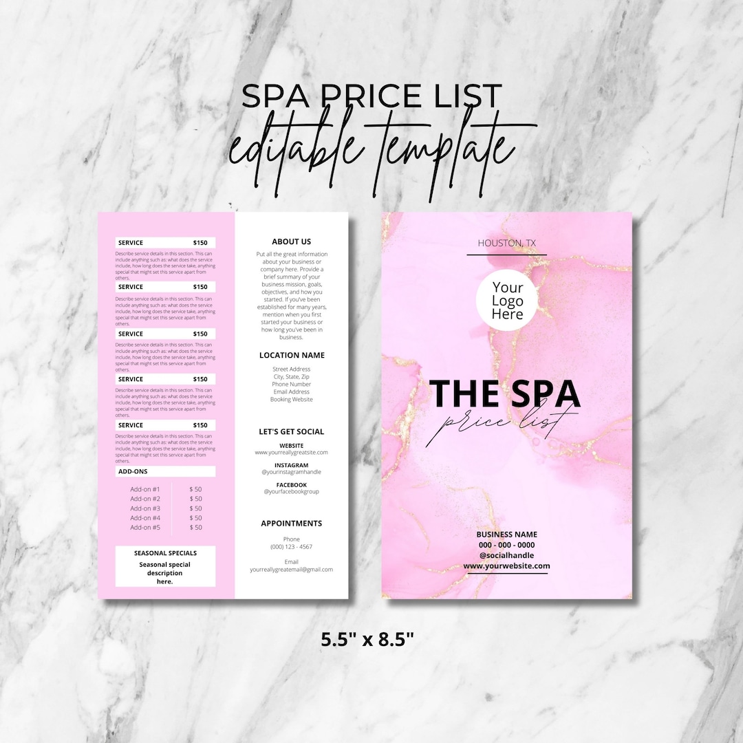 Editable Esthetician Price List Menu Template, Day Spa Price List Menu ...