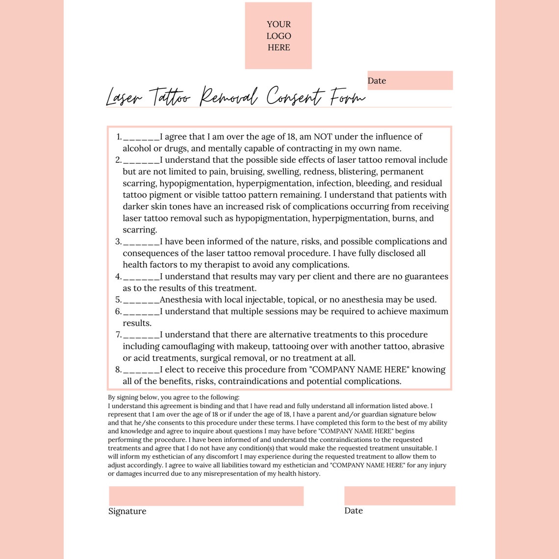 Laser Tattoo Removal Forms I Intake Consent Aftercare I DIY - Etsy